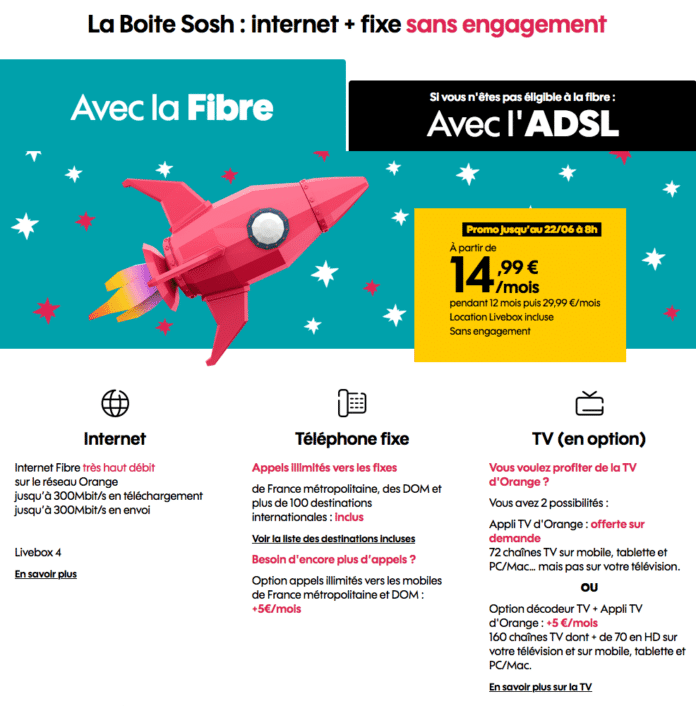 Sosh : la box internet en promo à 14,99 euros par mois en ADSL ou fibre